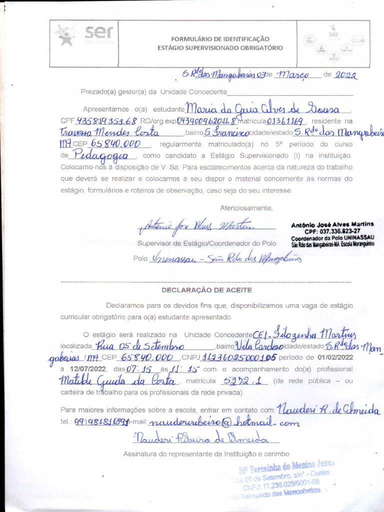Formulario de Identificação Do Estagio Supervisionado Obrigatorio | PDF