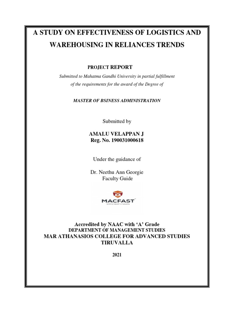Effectiveness of Reliance Logistics Study | PDF | Logistics | Warehouse