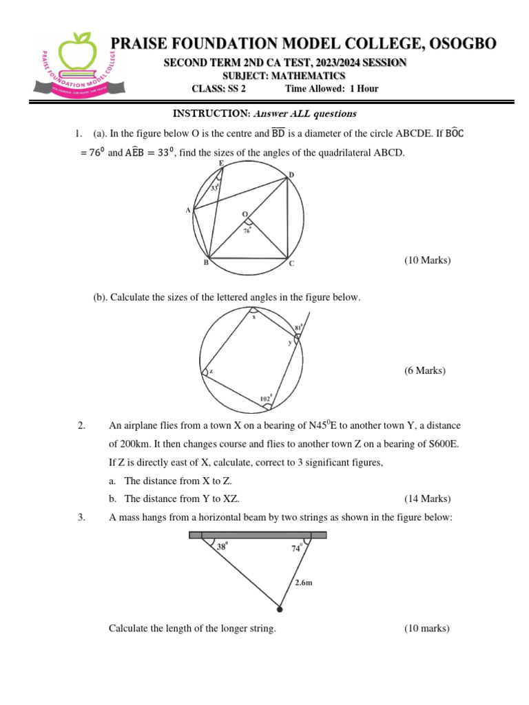 2nd Term Second CA Test Maths SS2 | PDF