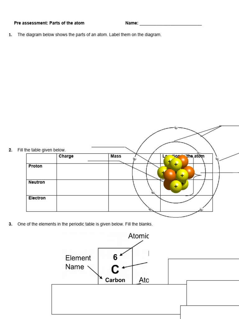 Pre assessment_ Parts of the atom | PDF