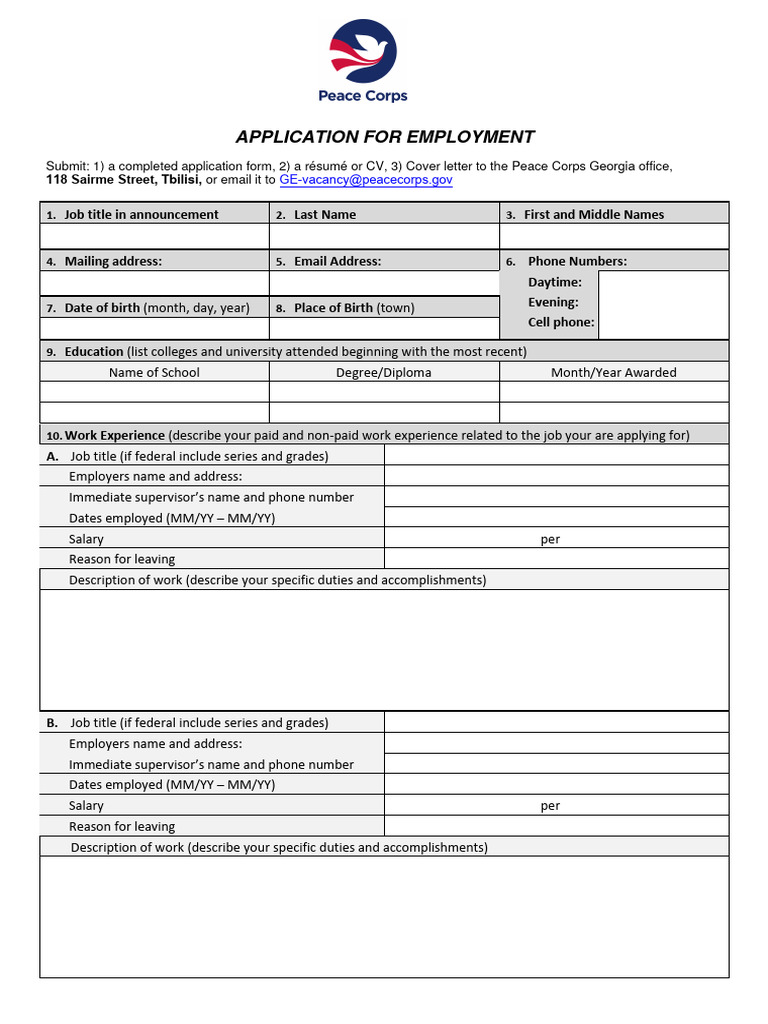 Peace Corps Employment Application Form | PDF | Résumé
