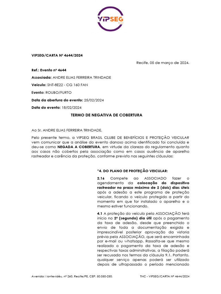 Carta de negativa associado ANDRE ELIAS FERREIRA TRINDADE | PDF