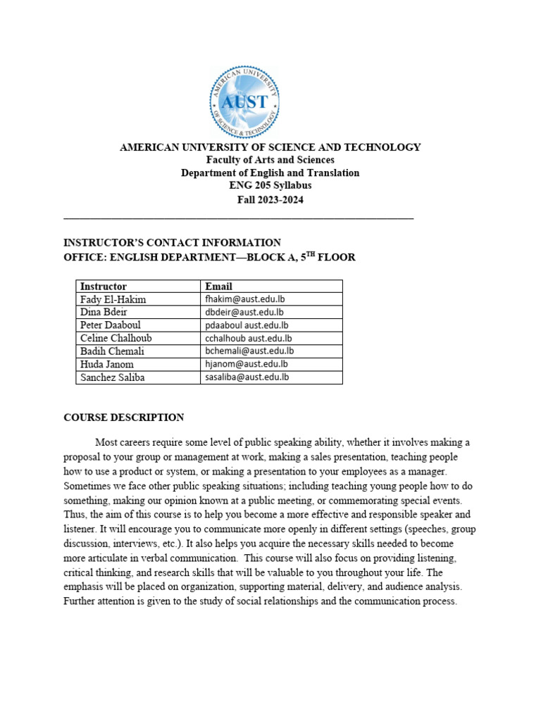 Eng 205 Syllabus - FALL 2023-2024 | PDF | Public Speaking | Persuasion