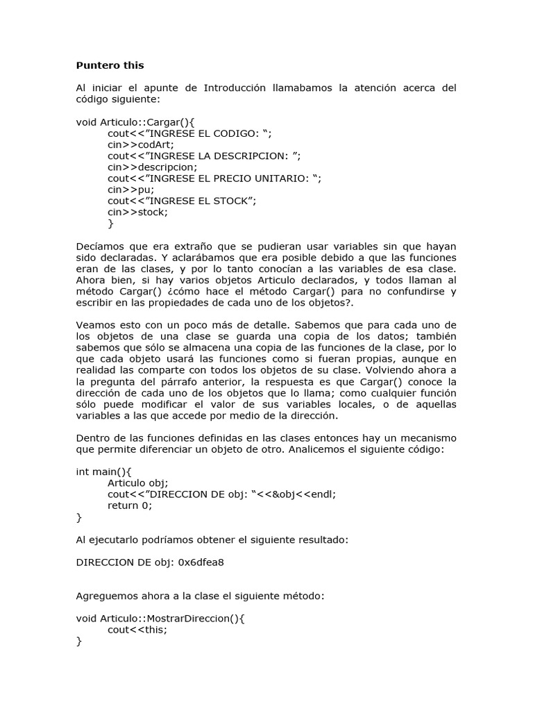 Puntero this en C++: Funciones y Objetos | PDF | Puntero (Programación ...