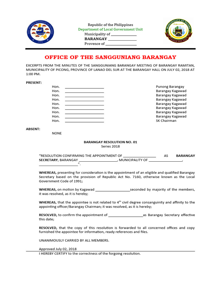 Brgy. Resolution for Brgy. Secretary | PDF | Government | Philippines