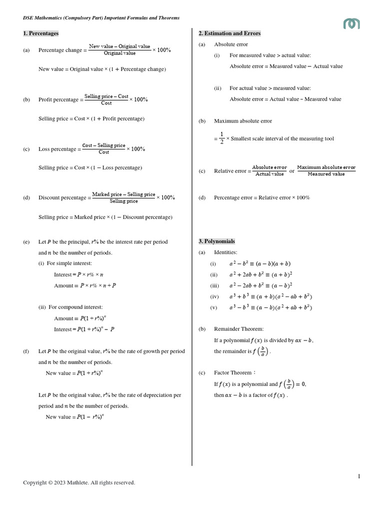 DSE MATH Formula Sheet | PDF | Percentage | Quadratic Equation