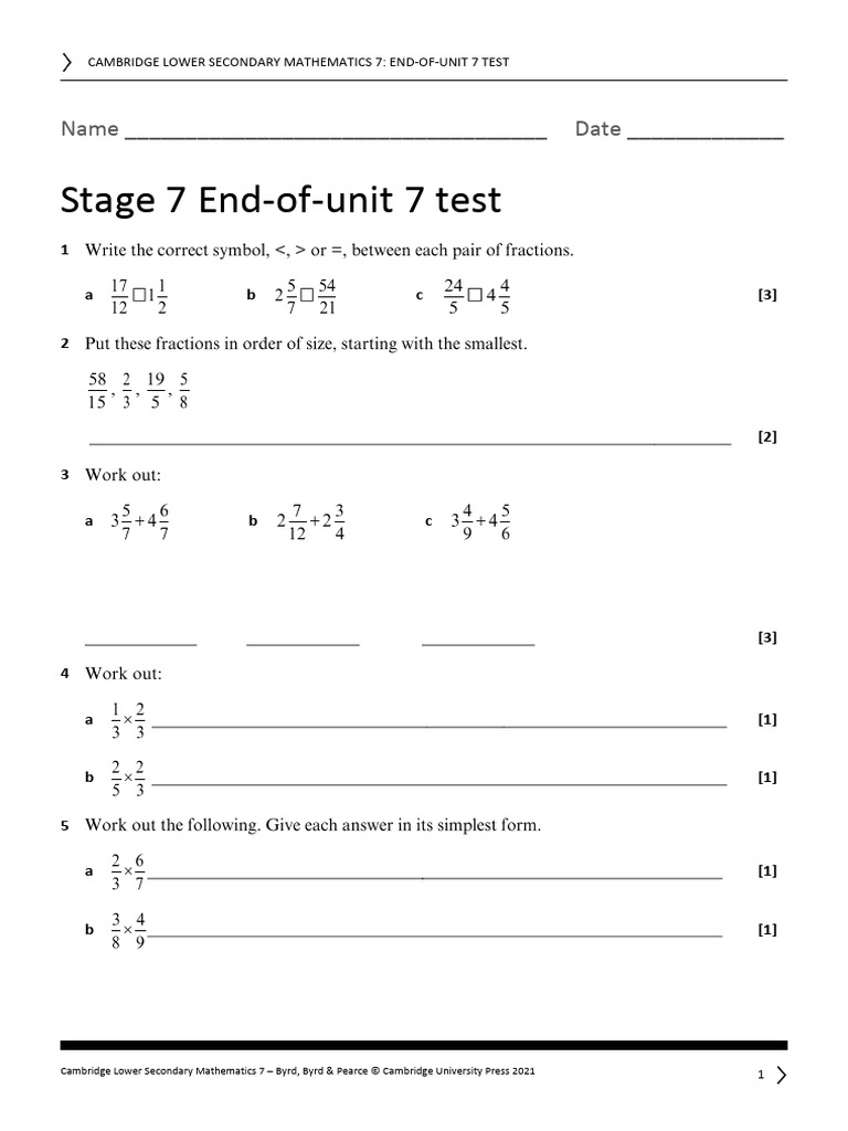 End-of-Unit 7 Test for Mathematics 7 | PDF