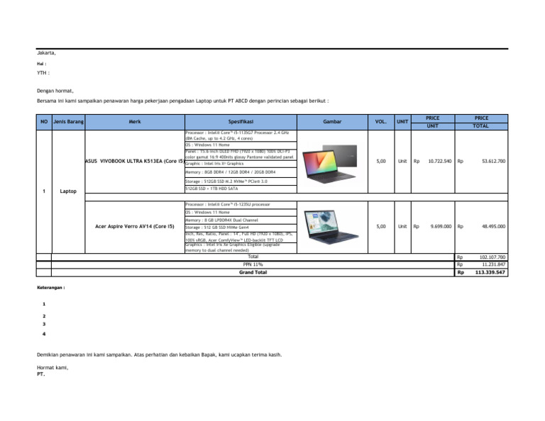 Contoh BQ Penawaran Pengadaan Laptop | PDF