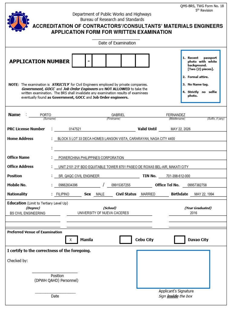 Form No. 18 Ccme Written Examination | PDF | Engineer | Government