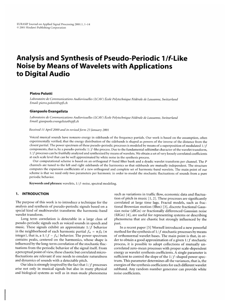 Analysis and Synthesis of Pseudo-Periodic 1/f-Like Noise by Means of Wavelets | PDF