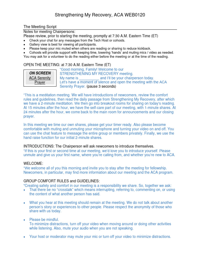 ACA Meeting Script for Recovery Support | PDF | Career & Growth | Self ...