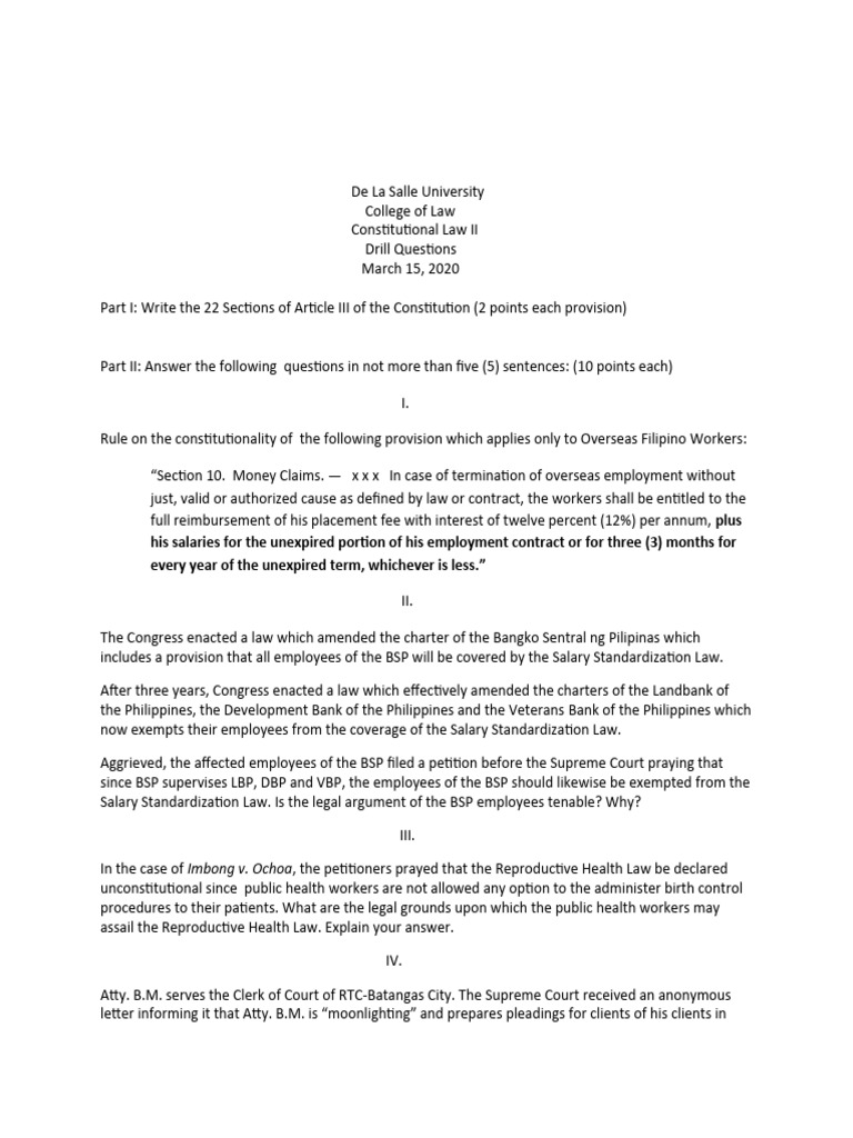 DLSU COL Consti Law II Marach 15, 2020docx | PDF | Law Clerk | Justice
