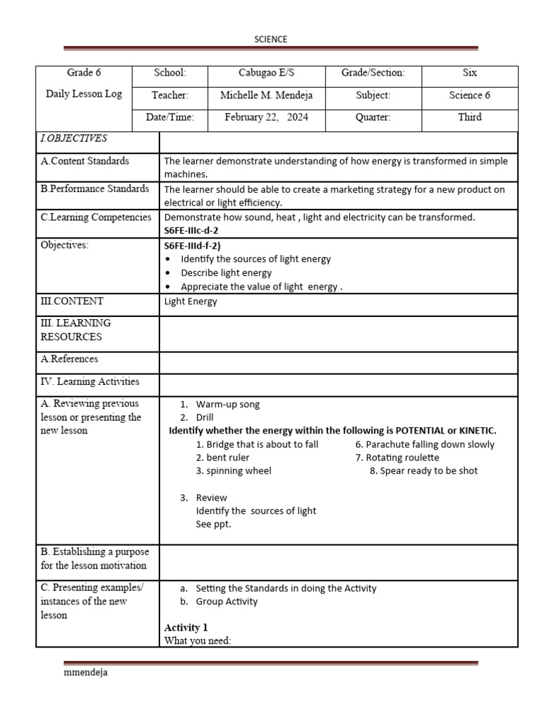 Q3 Basic of Light Energy | PDF | Learning | Light