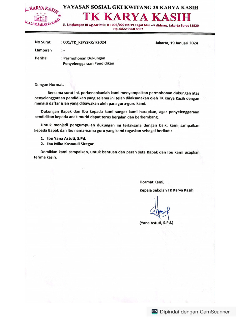 Surat Dukungan Warga TK Karya Kasih SDH TTD | PDF