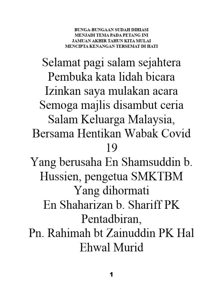 Teks Emcee Jamuan Akhir Tahun 2023 2024 | PDF