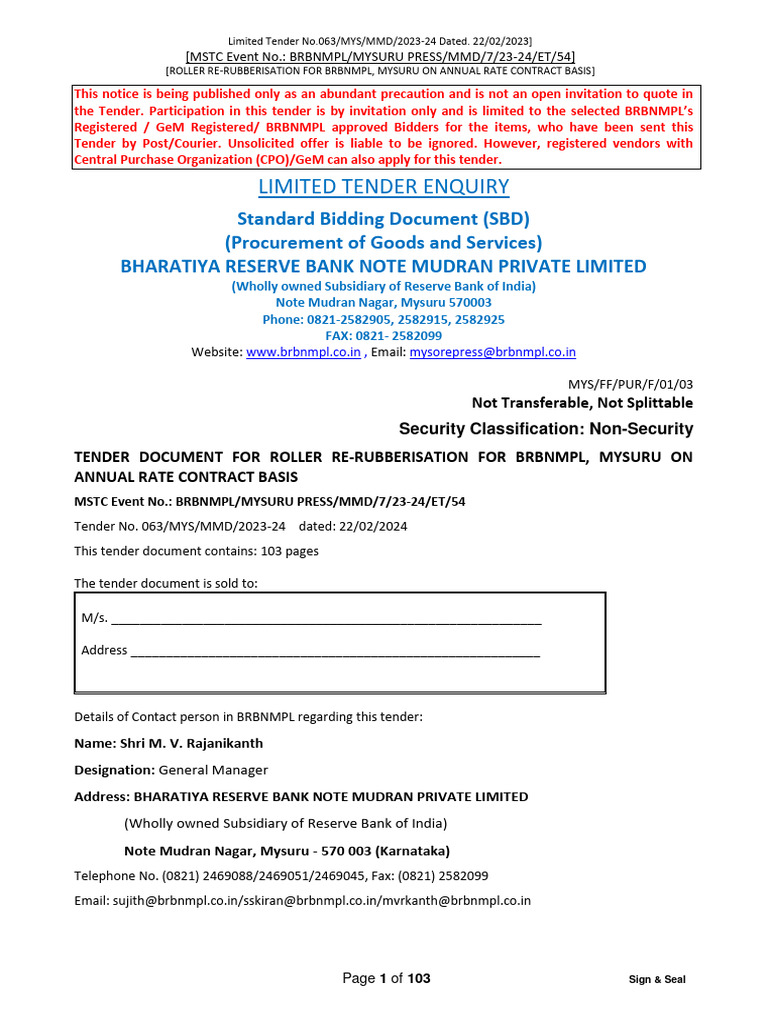 RBI - Mysore Tender | PDF | Procurement | Banks