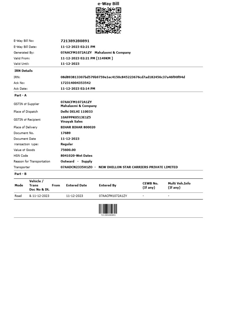 Ewaybill 17689 | PDF
