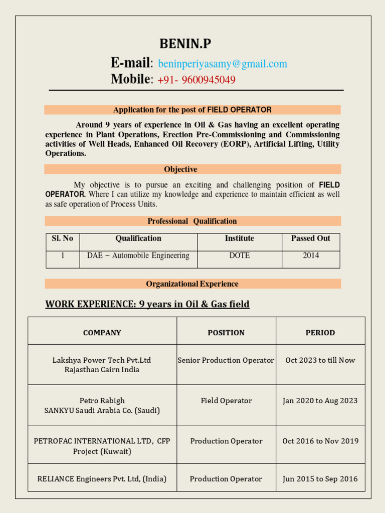 Benin Field Operator CV Update | PDF | Valve | Pump