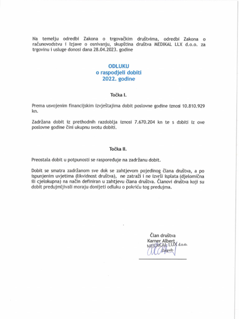Odluka o Raspodjeli Dobiti Ili Pokricu Gubitaka 2022 MB04275489 | PDF