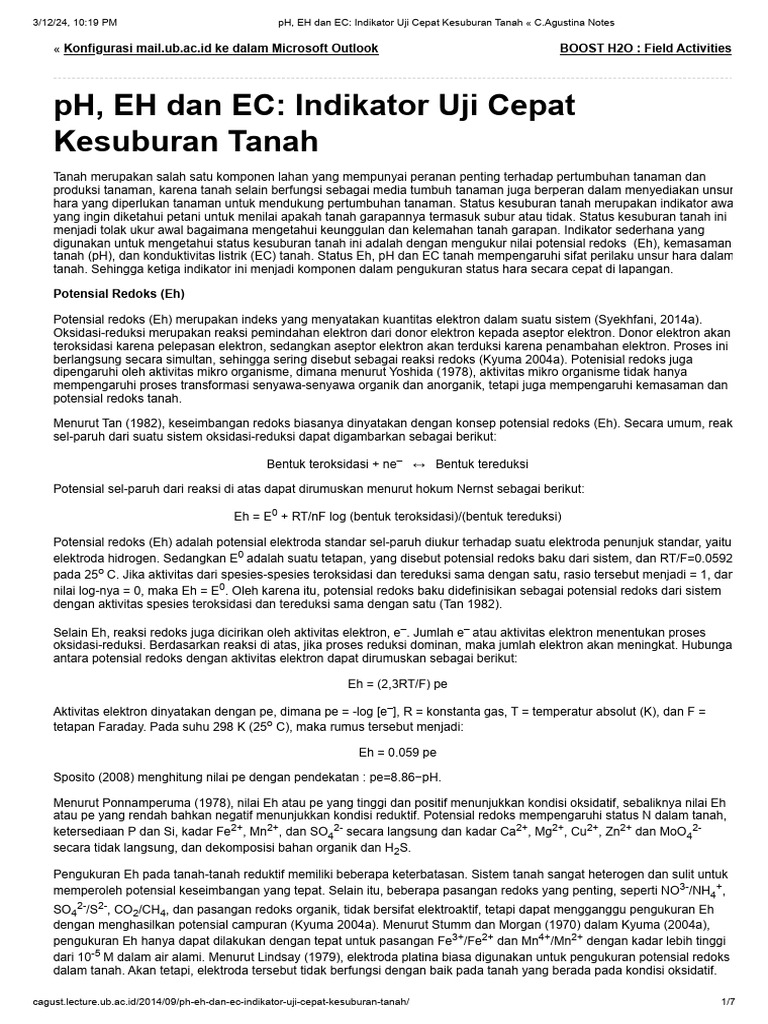 Ph Eh Dan Ec Indikator Uji Cepat Kesuburan Tanah C Agustina Notes Pdf
