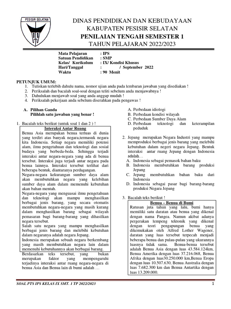 Soal Pts SMT 1 Ips Kls Ix 2022-2023 Ok | PDF