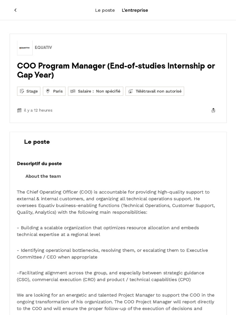 COO Program Manager (End-Of-Studies Internship or Gap Year) - Equativ ...