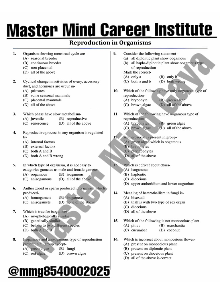 Reproduction in Organism - DPP 02 | PDF