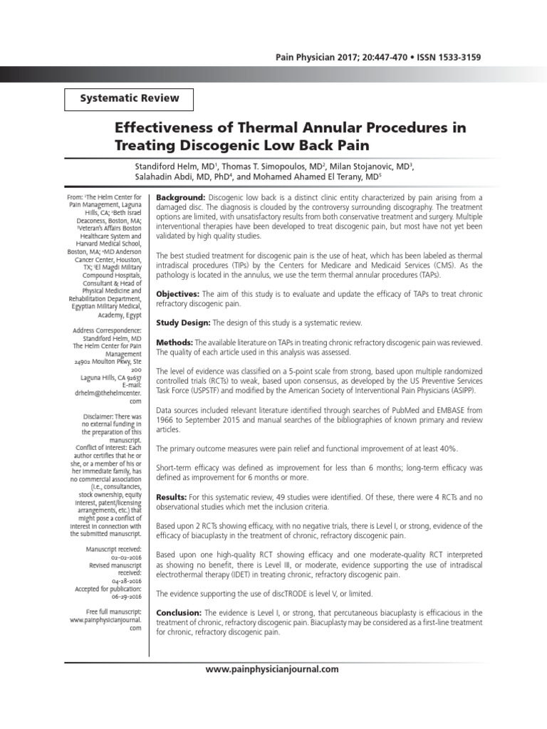 Helm Thermal Annular Procedures For Discogenic LBP Pain Physician 2017 ...