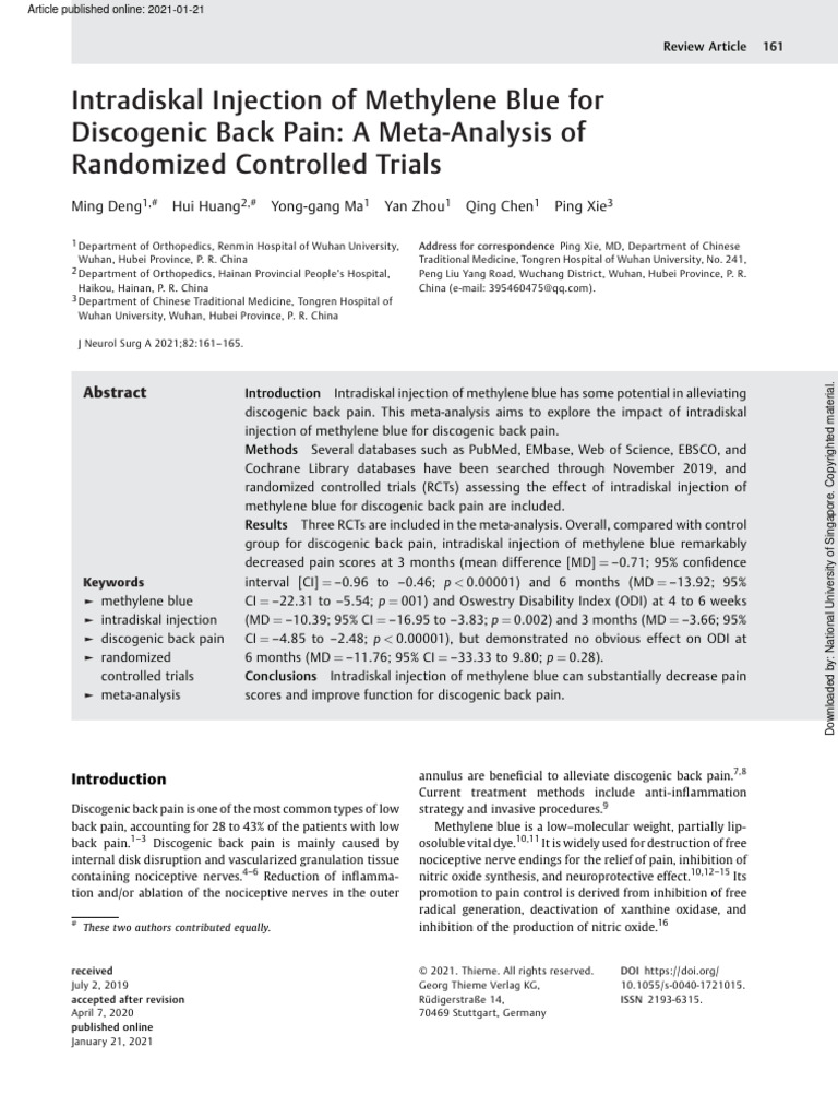 Deng Methylene Blue in Discogenic Pain Metaanalysis Neurol Surg A Cent ...