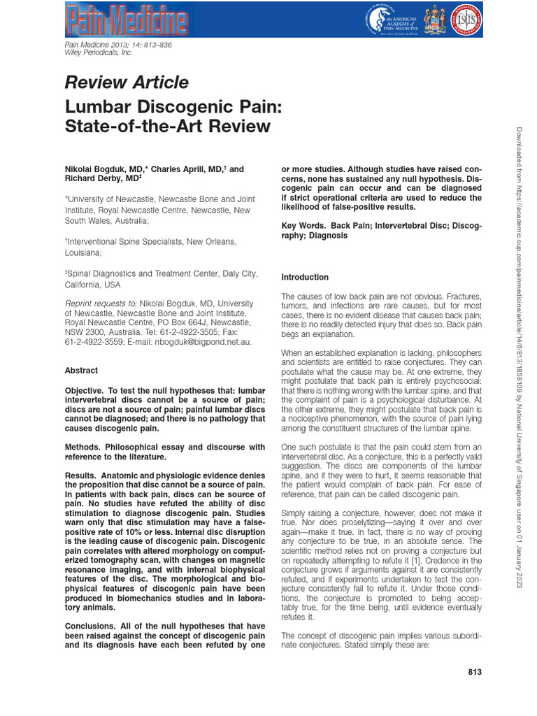 Bogduk Lumbar Discogenic Pain Pain Med 2013 | PDF | Sensitivity And ...