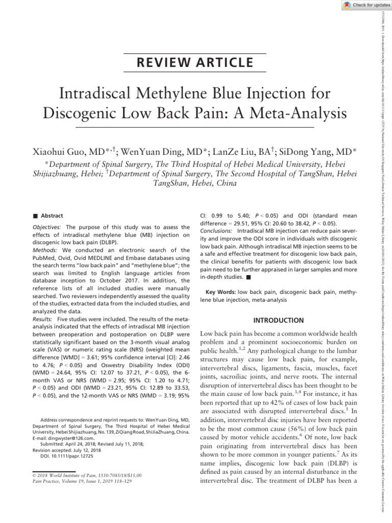 Guo Methylene Blue For Discogenic Pain Metaanalysis Pain Pract 2019 ...