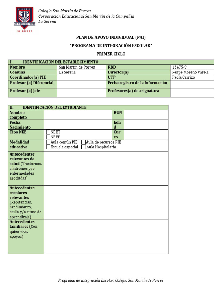FORMATO PAI 1°ciclo | PDF | Salón de clases | Cognición