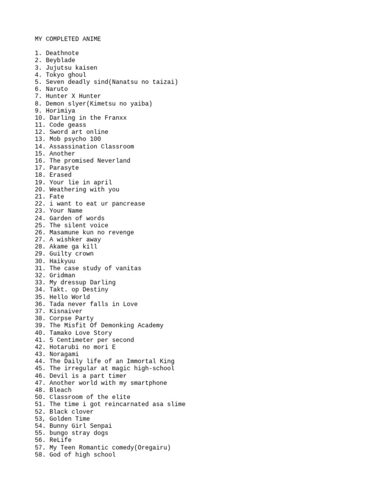 My Completed Anime List | PDF