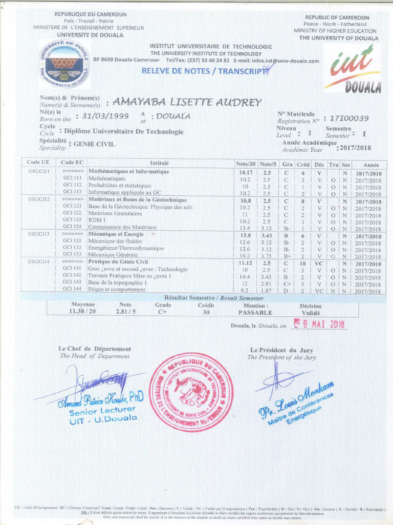 Relevé de Notes L1-S1 | PDF