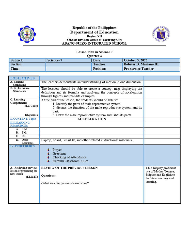 Acceleration - Final Lesson Plan | PDF | Learning | Lesson Plan