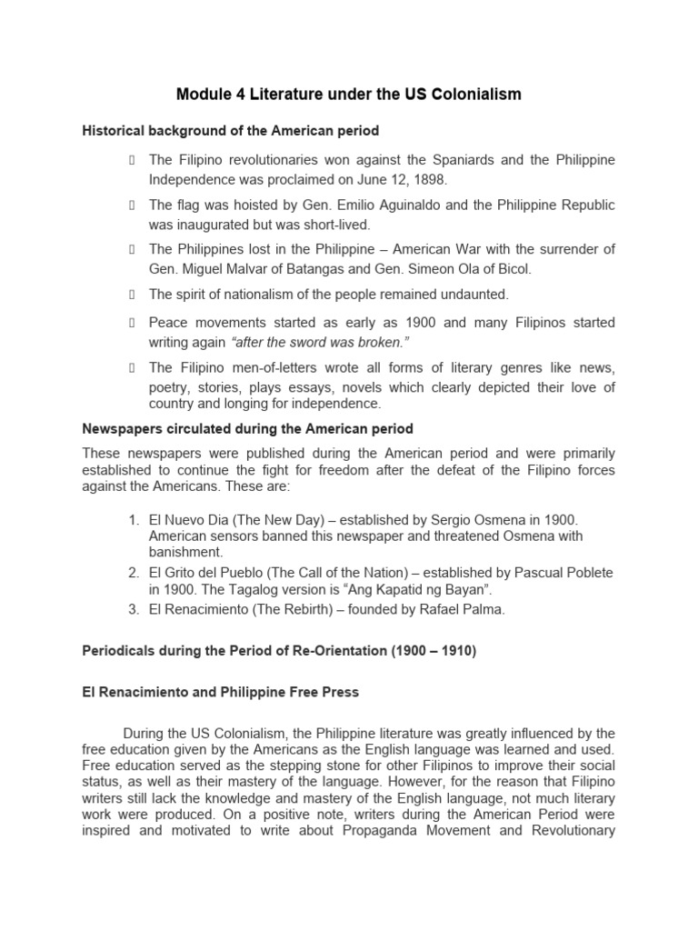 Module 4 Literature Under the US Colonialism (1) | PDF | Philippines