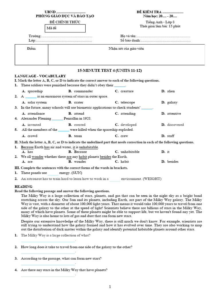 15-Minute Test 4 (Units 11-12) | PDF | Milky Way | Stars