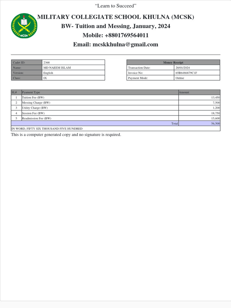 Student Payment Receipt | PDF