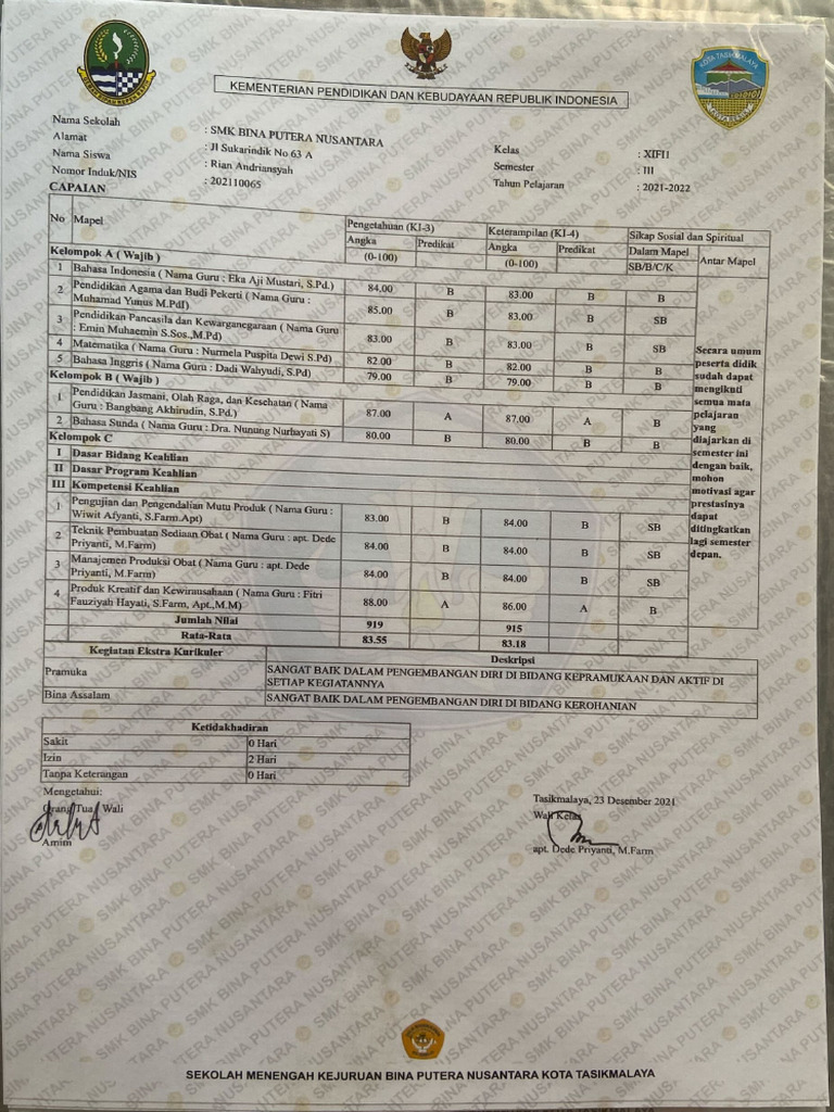 Nilai Rapot Smester III | PDF