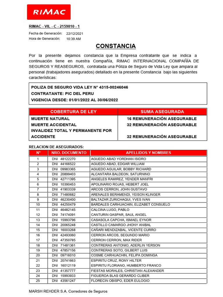 Constancia Seguro Vida Ley RIMAC | PDF | Seguro | Reaseguro