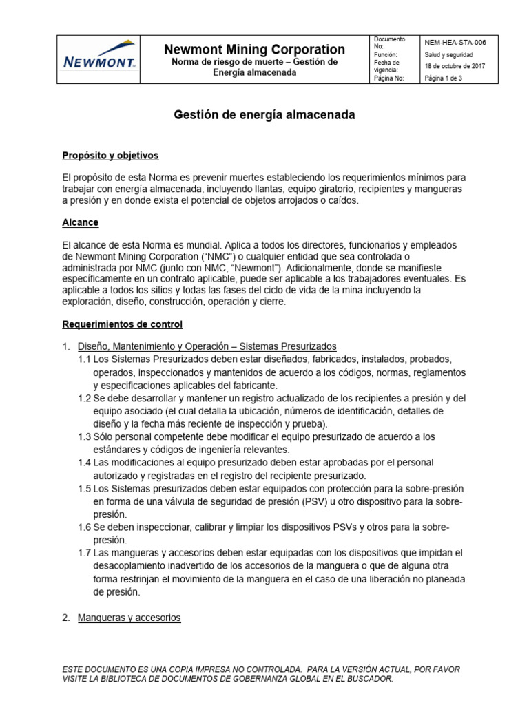 Fatality Risk Standard - Management of Stored Energy (ES) | PDF | Neumático