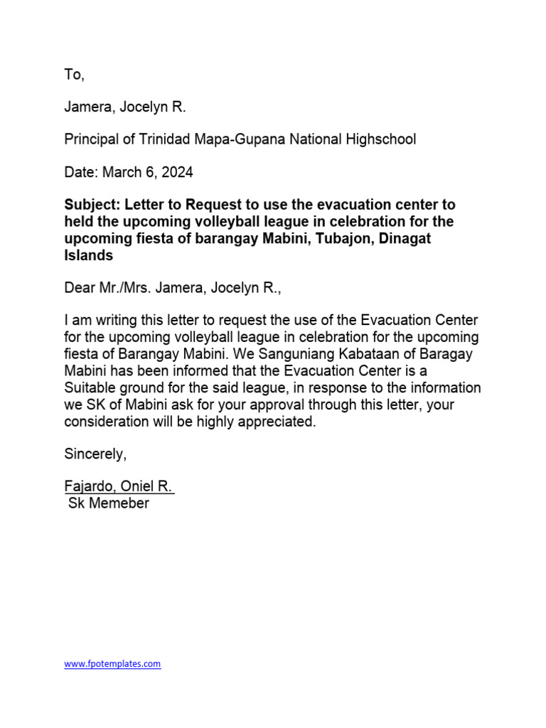 Request to Use Evacuation Center for League | PDF