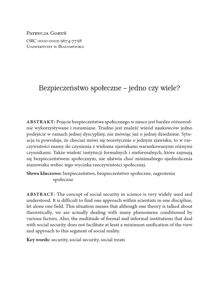 P Goryn Bezpieczenstwo Spoleczne Jedno Czy Wiele | PDF