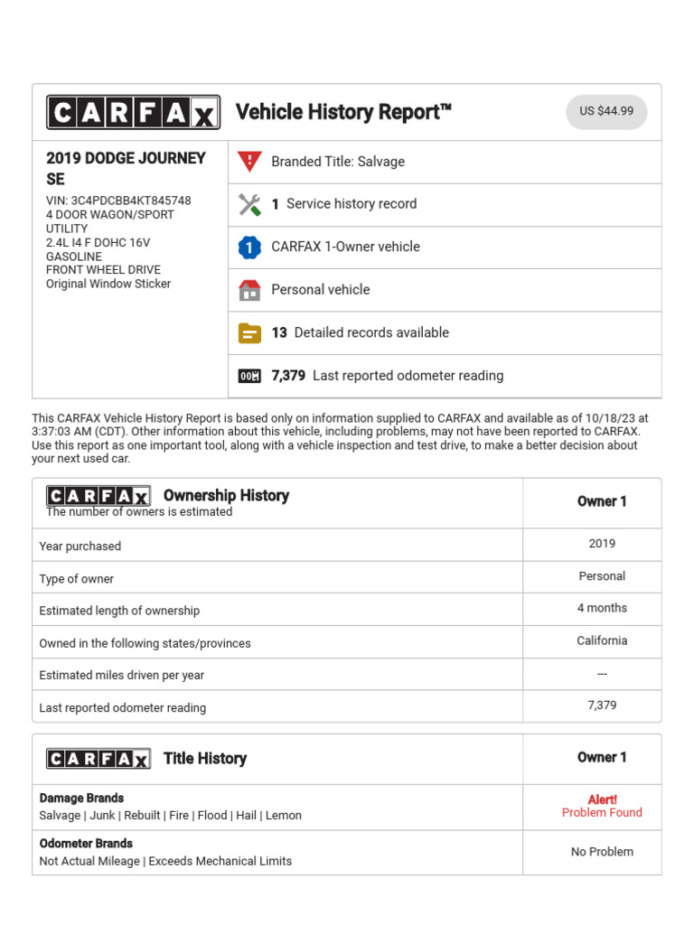 Carfax Report 3c4pdcbb4kt845748 | PDF | Used Car | Land Vehicles