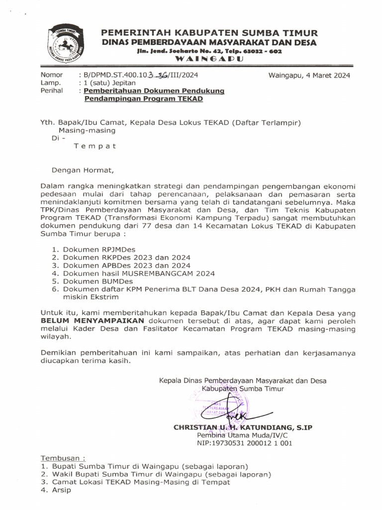 Surat Pemberitahuan Dokumen Pendukung Pendampingan Di Desa Lokus TEKAD ...