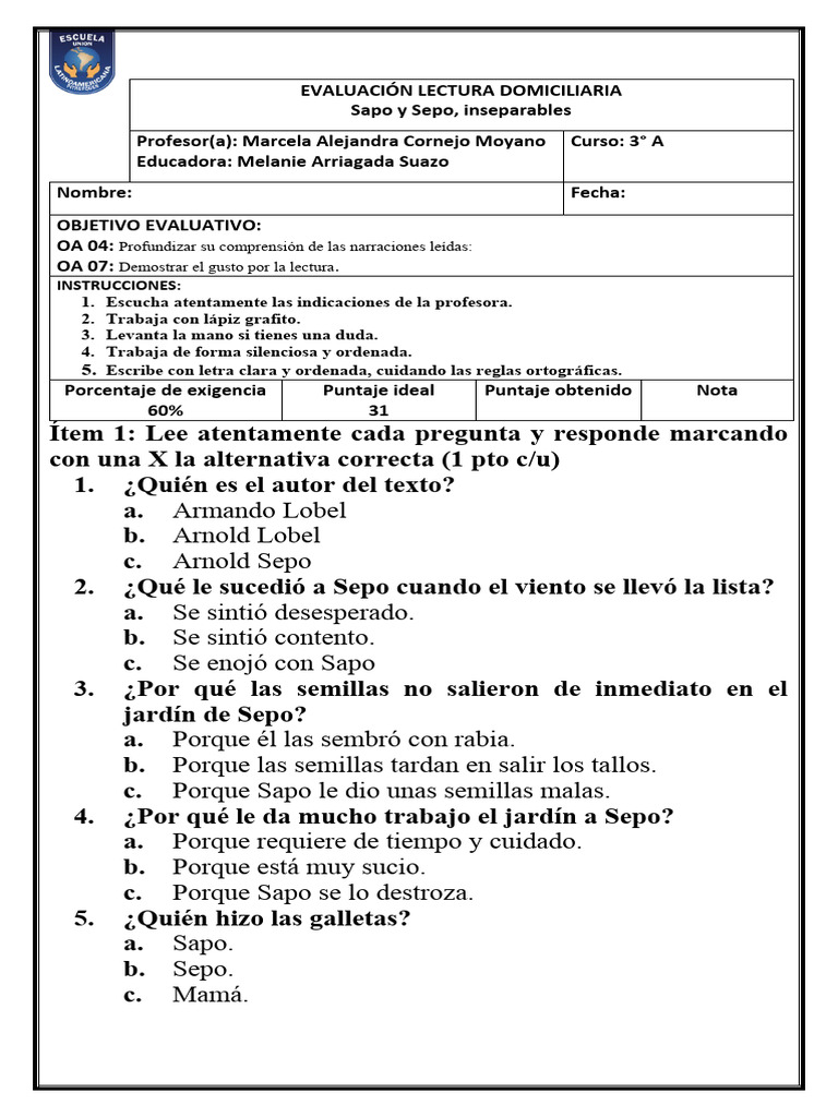 Prueba Libro Sapo y Sepo Inseparables | PDF | Estudios de idiomas ...