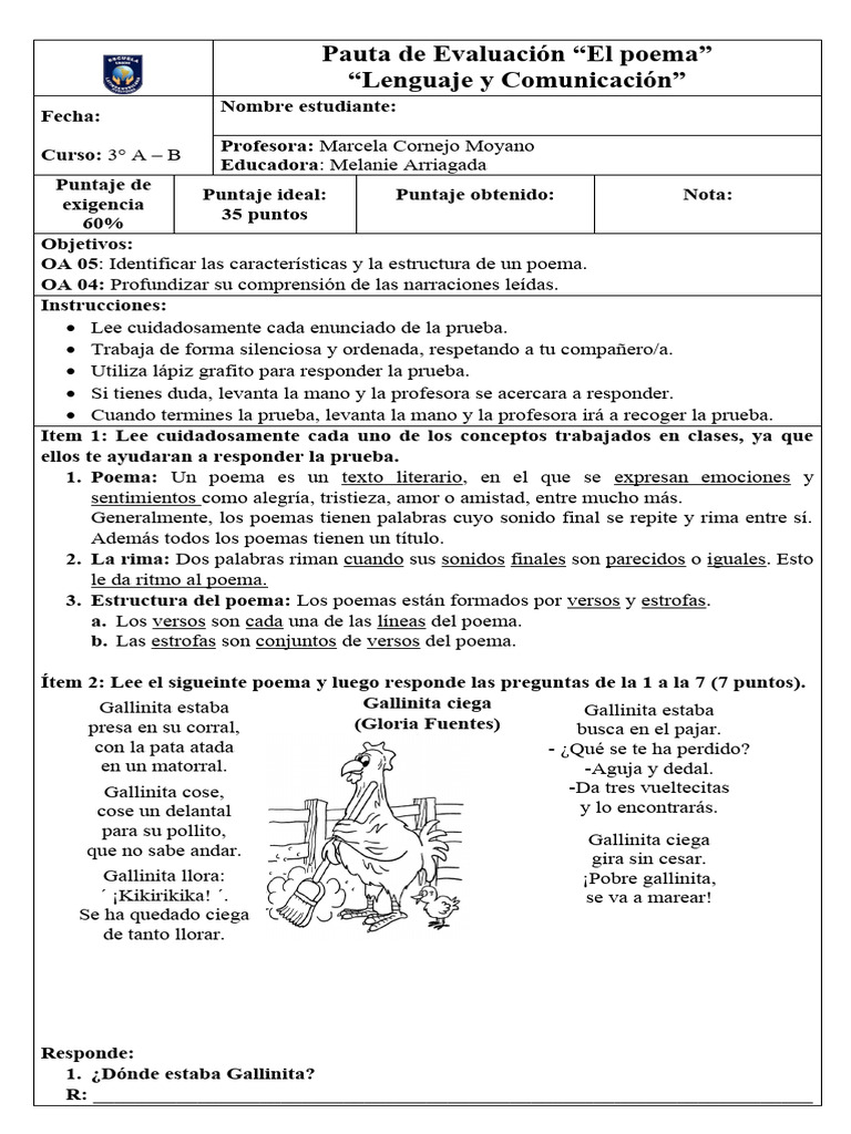 evaluacion-comprension-lectora - copia - copia poemammmm | PDF
