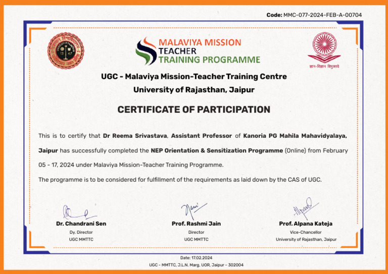 E-Certificate of NEP Orientation and Sensitization Programme-1 | PDF