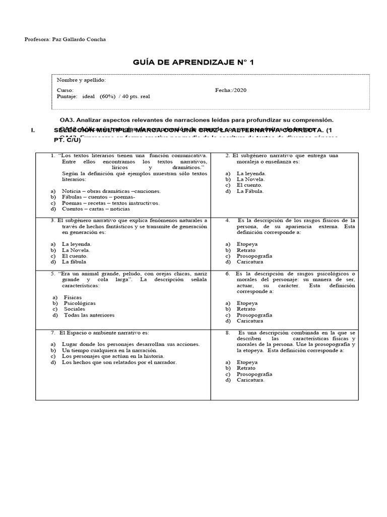 GUÍA DE APRENDIZAJE #1 OCTAVO Lenguaje | PDF | Temor | Narración