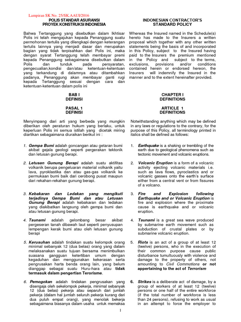 Polis Standar Asuransi Proyek Kontruksi Indonesia | PDF